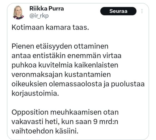 Riikka Purralle kaivattu 9 mrd:n vaihtoehto | Uusi Suomi Puheenvuoro